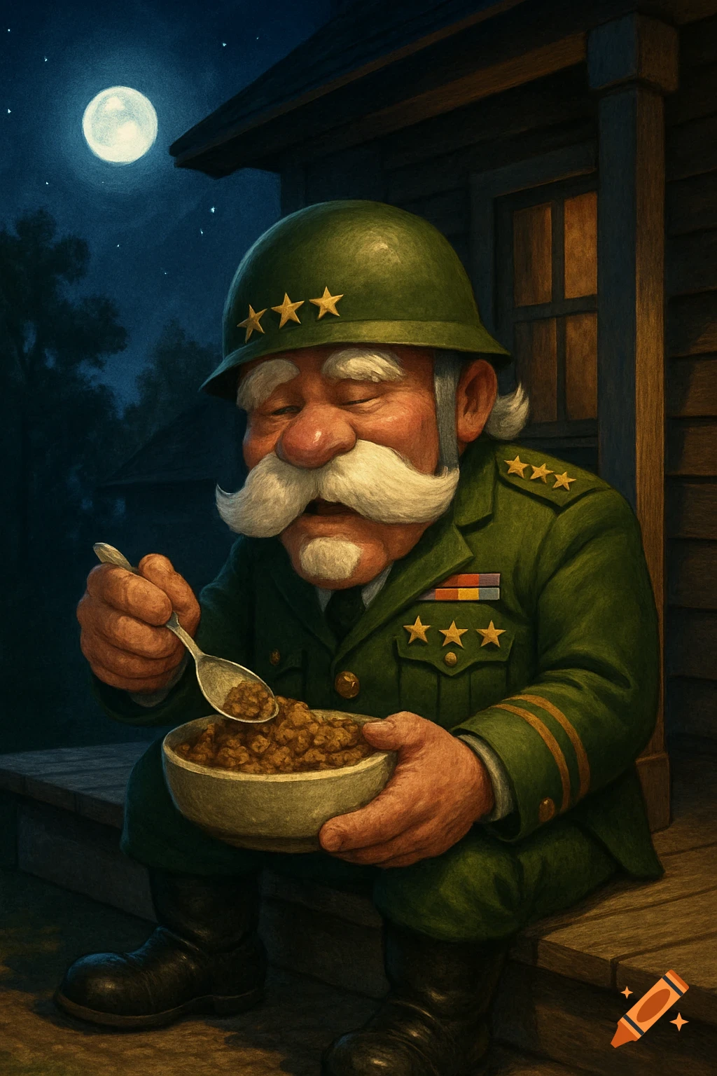 Cartoon general eating a bowl on a porch at night. on Craiyon