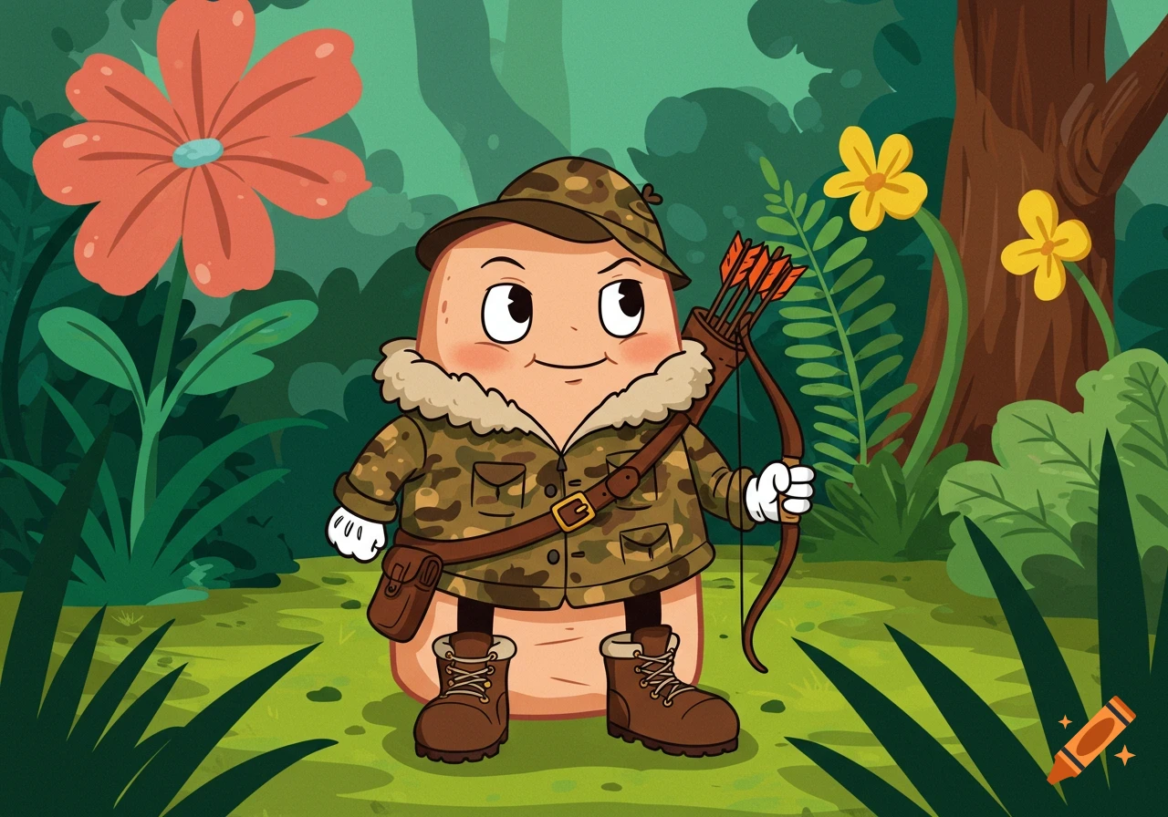 Cartoon big toe character hunter with bow and arrows in a forest ...