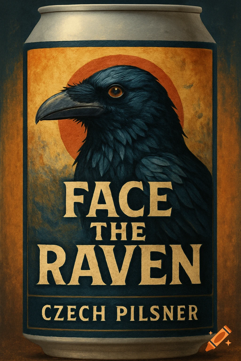 Beer can label featuring a raven head, with the text 'Face the Raven ...