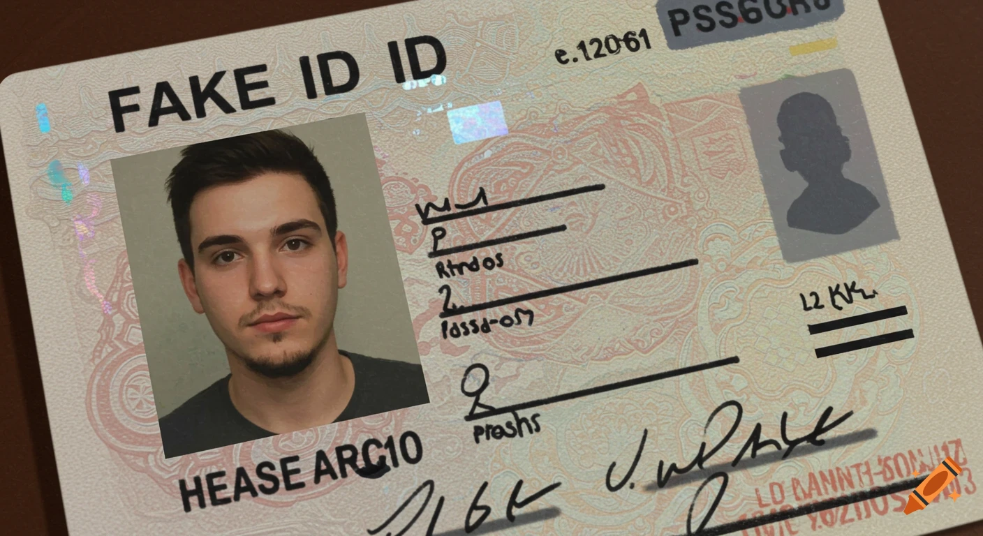 A fake identification card with a photo of a man and illegible text. on ...