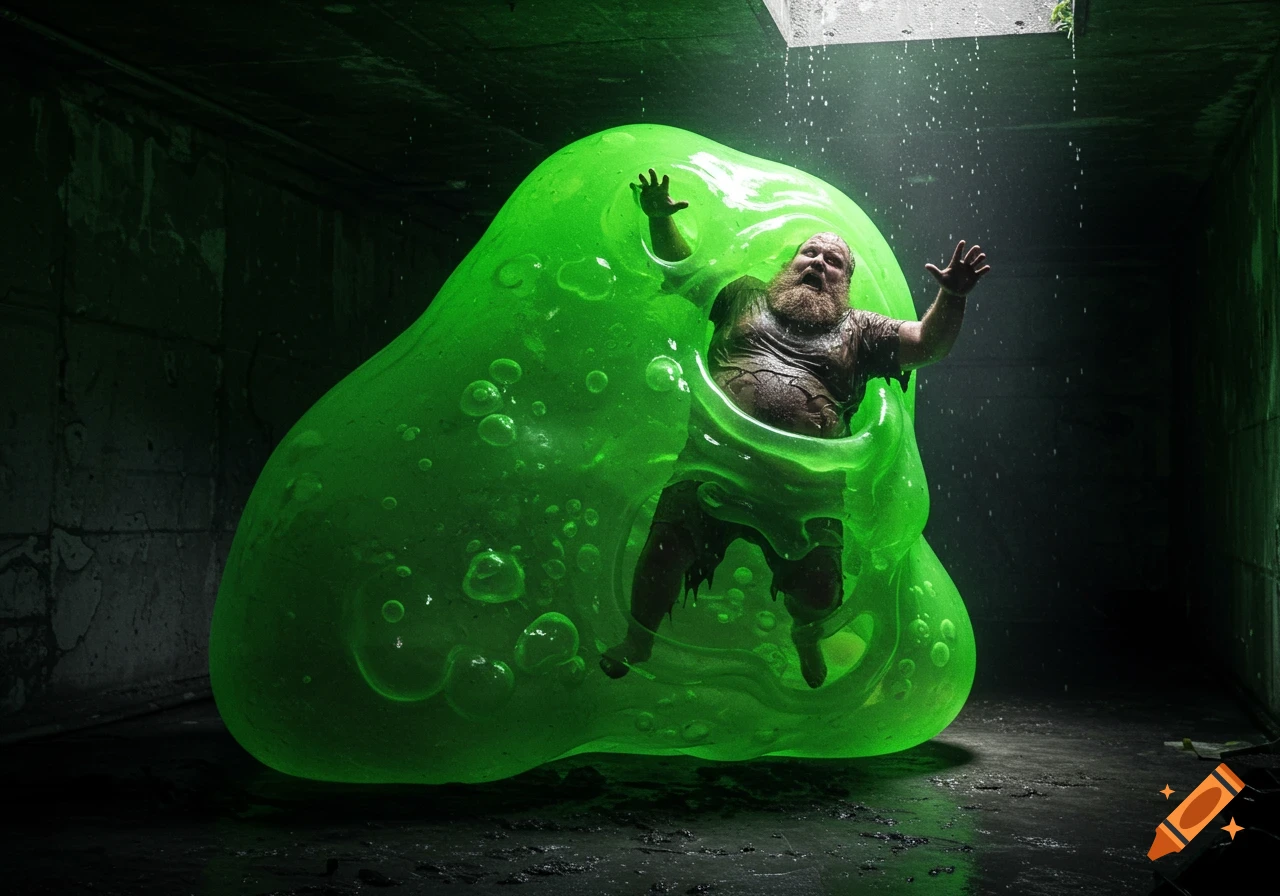 Man struggling inside a large green slime blob in a dark room on Craiyon