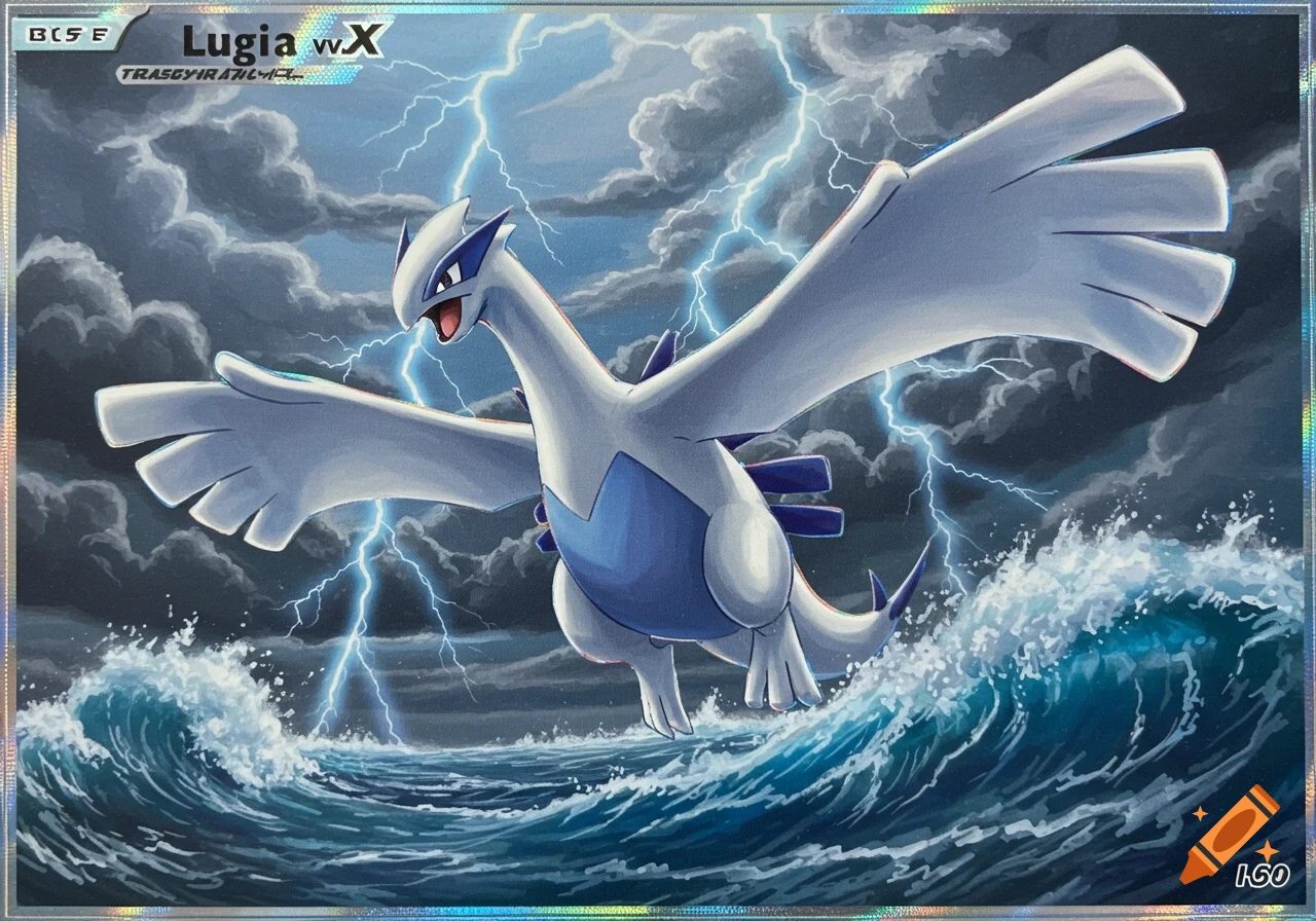 A Pokemon trading card featuring Lugia flying over stormy seas with ...