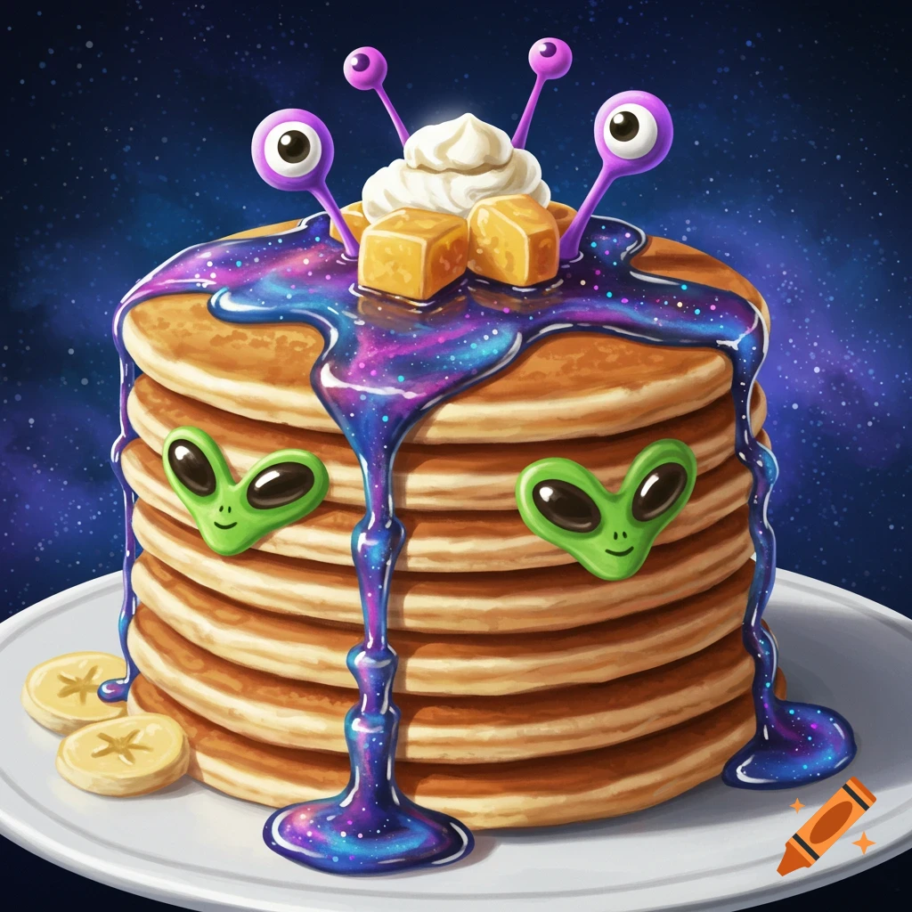 Alien themed pancakes with galaxy syrup and banana slices against a ...