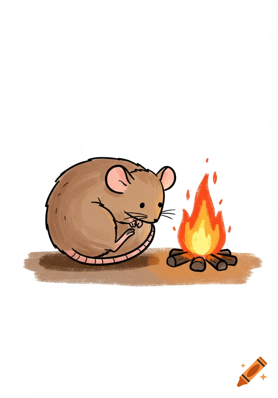 A simple drawing of a mouse huddled by a campfire. on Craiyon
