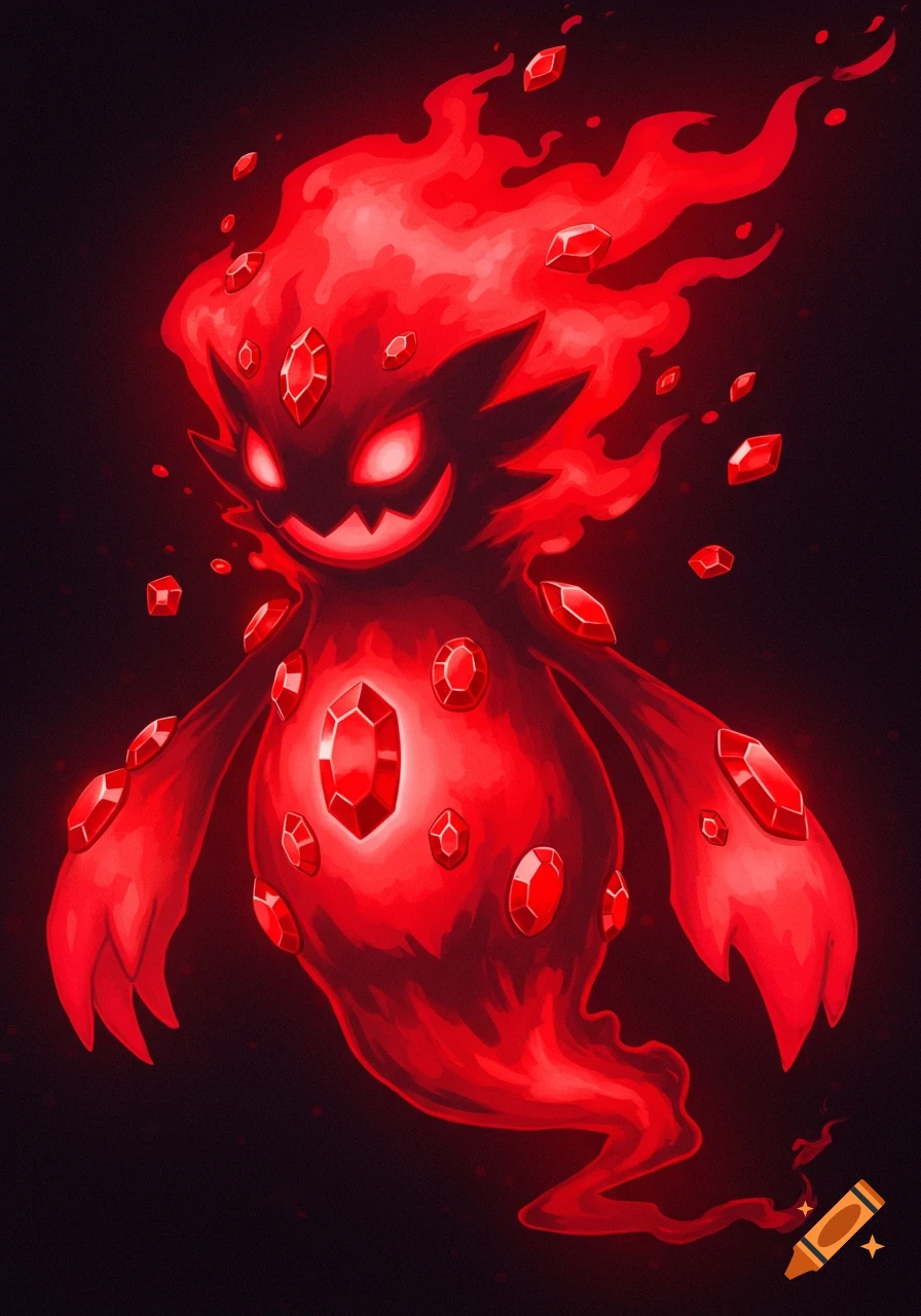 A red ghost monster with fire and ruby crystals. on Craiyon