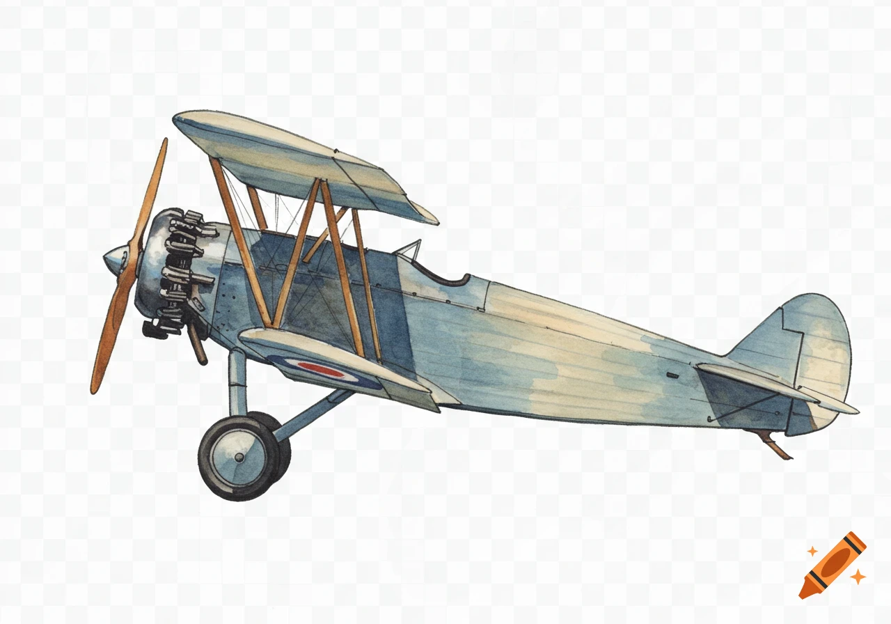 Watercolor illustration of a biplane from the side on a transparent ...