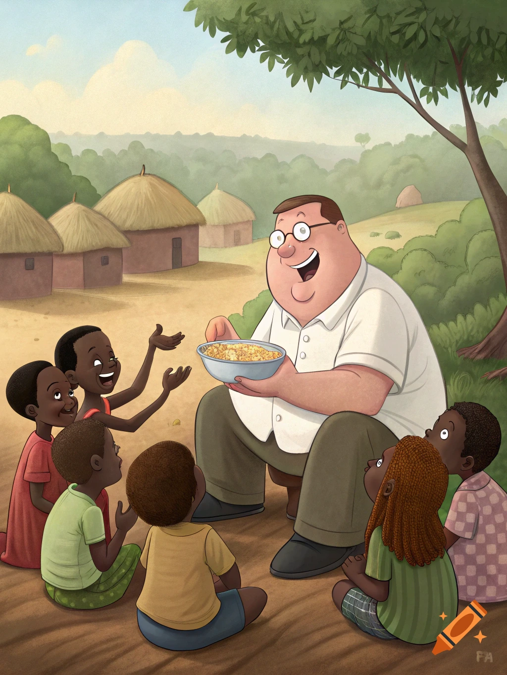 Peter Griffin feeds children from a bowl in a rural village with huts ...