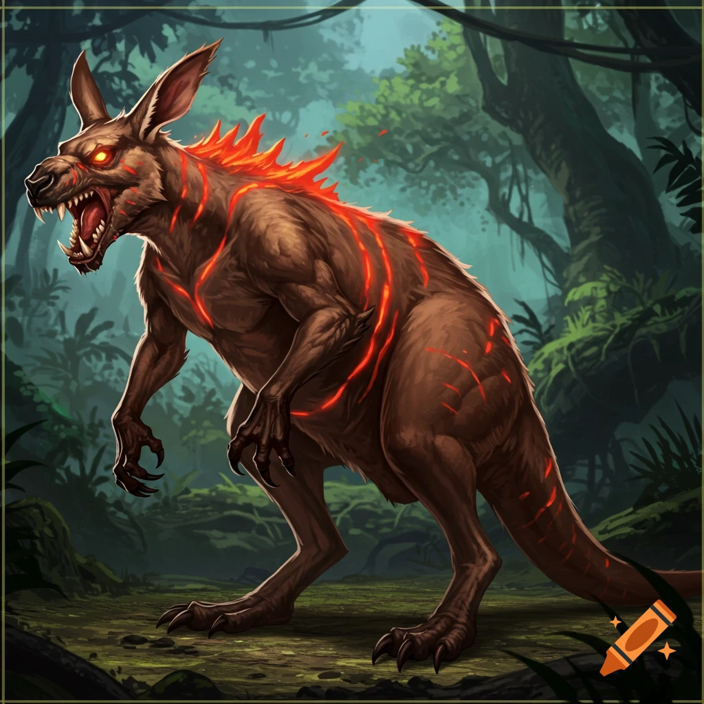 A monster kangaroo with glowing red eyes and fiery markings stands in a ...