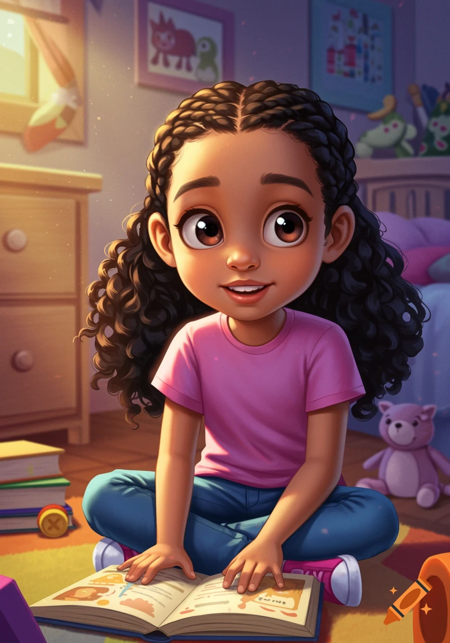 Cartoon illustration of a young girl with braided hair sitting on the ...