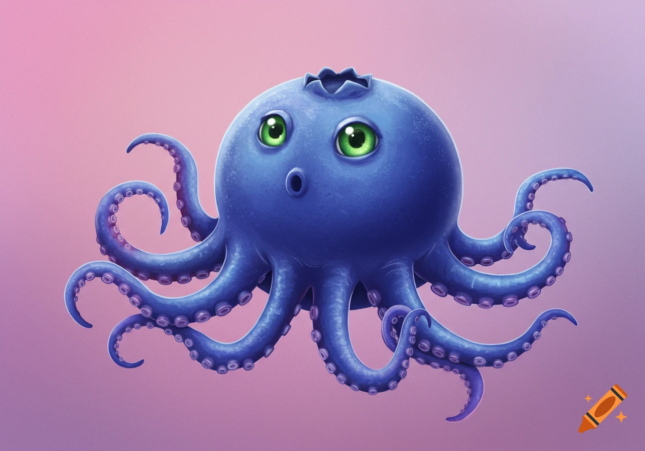 A cute blue cartoon blueberry-octopus hybrid with green eyes. on Craiyon