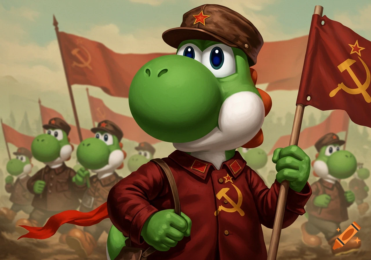 Yoshi in a Bolshevik uniform holds a red flag with a hammer and sickle ...