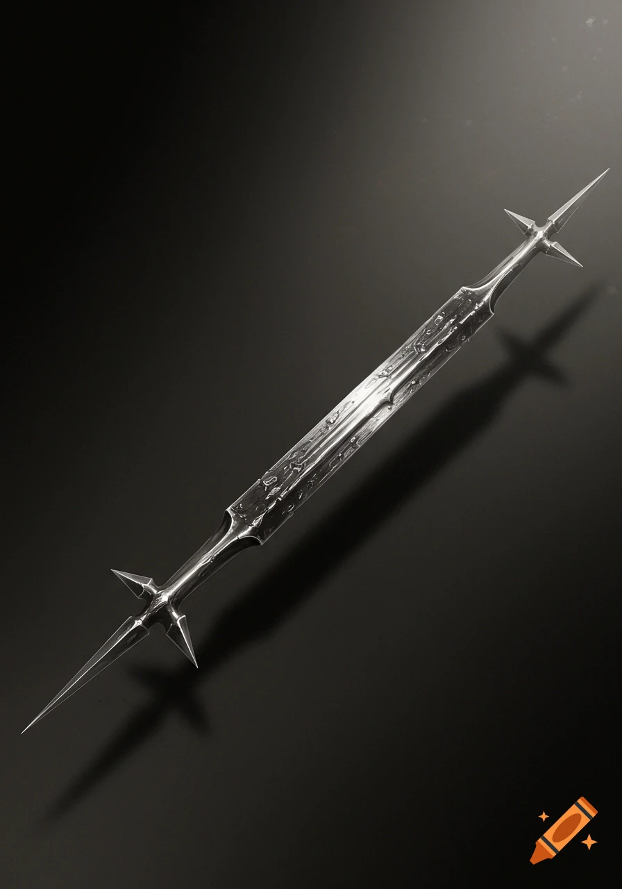A detailed render of a long, silver double-bladed fantasy weapon on a ...