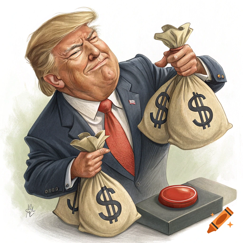Caricature illustration of Donald Trump holding money bags next to a ...