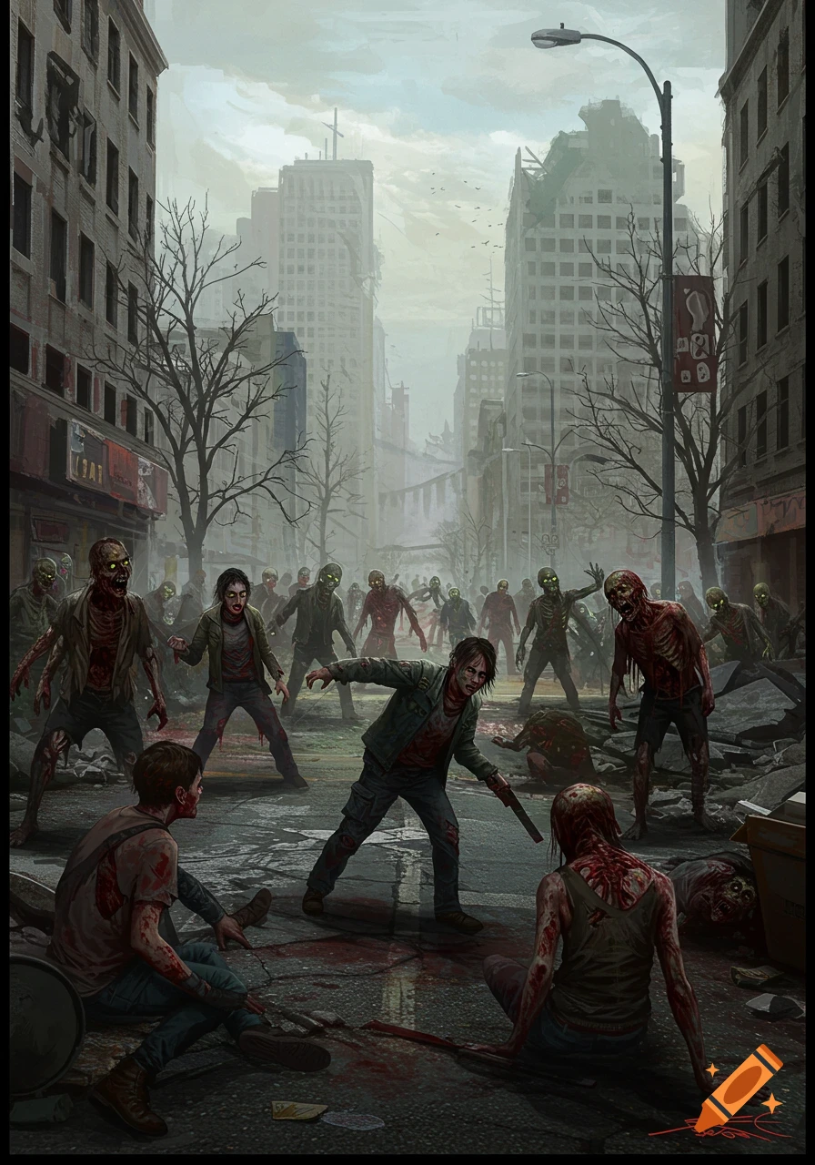 Digital painting of survivors facing a large horde of zombies in a ...