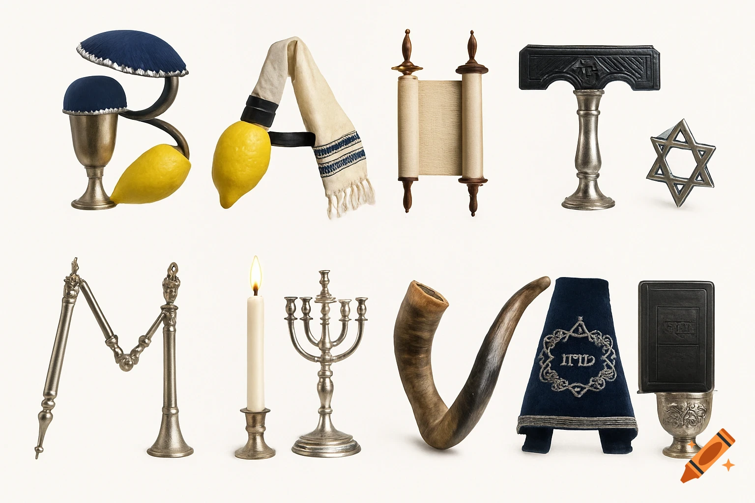 Jewish objects including a Torah scroll, shofar, menorah, and Star of ...