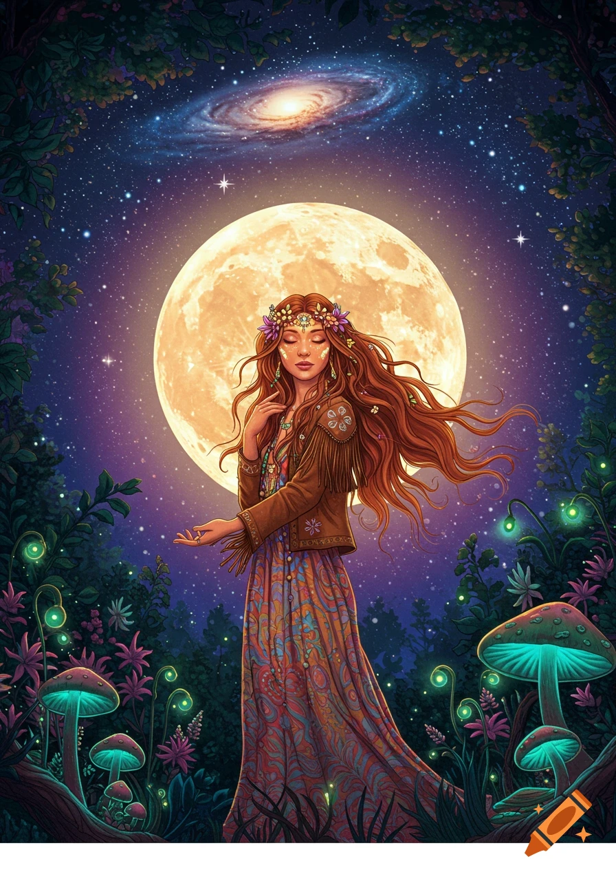 A hippy woman stands under a large full moon and galaxy in a mystical ...