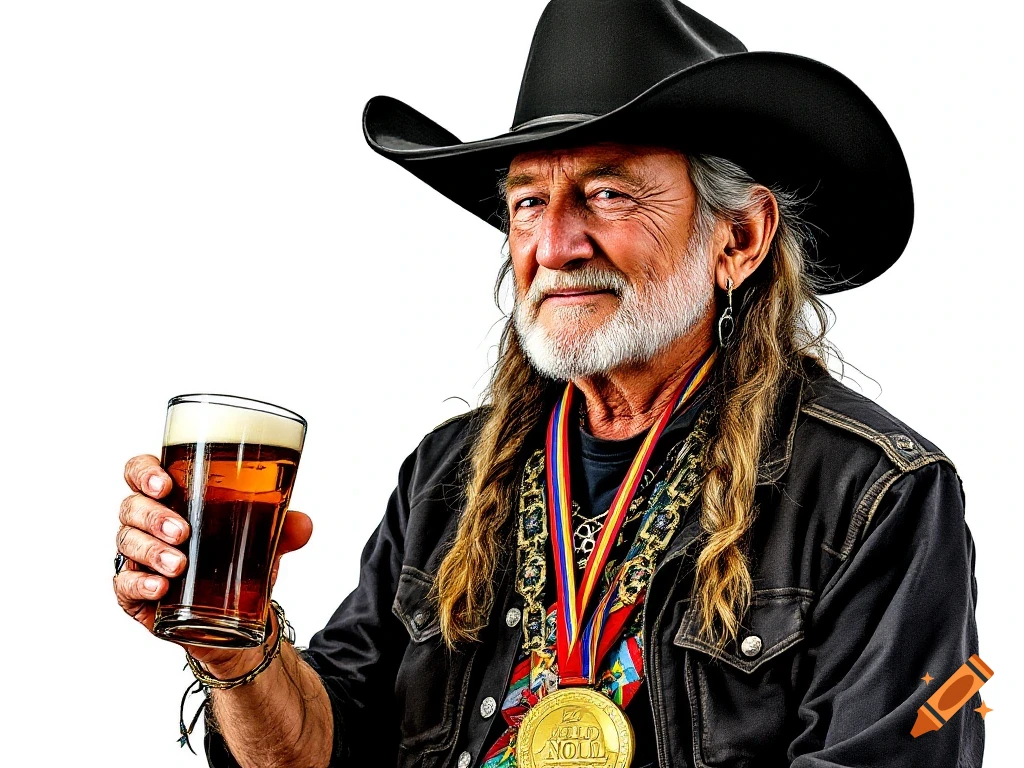 A man resembling Willie Nelson wearing a cowboy hat, jacket, and medals ...