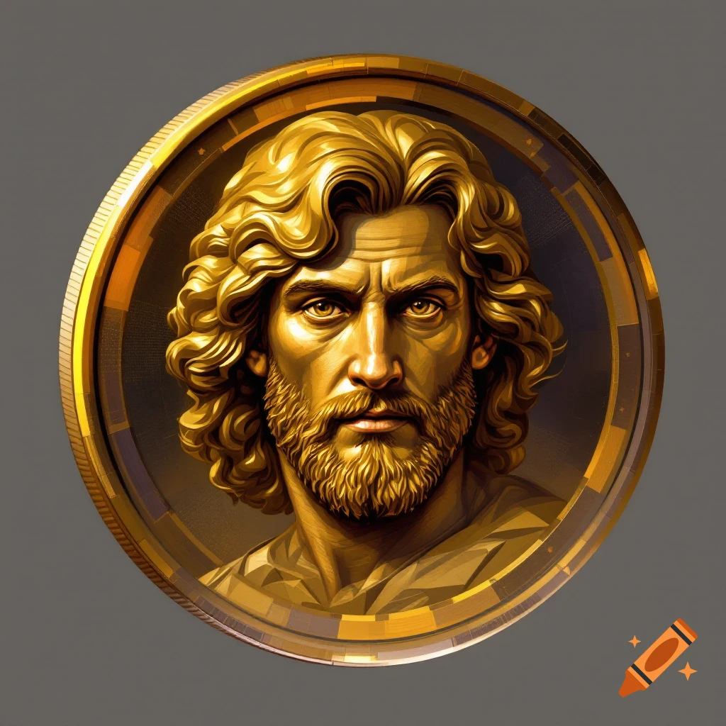 Golden coin featuring a detailed portrait bust of a man with long hair ...