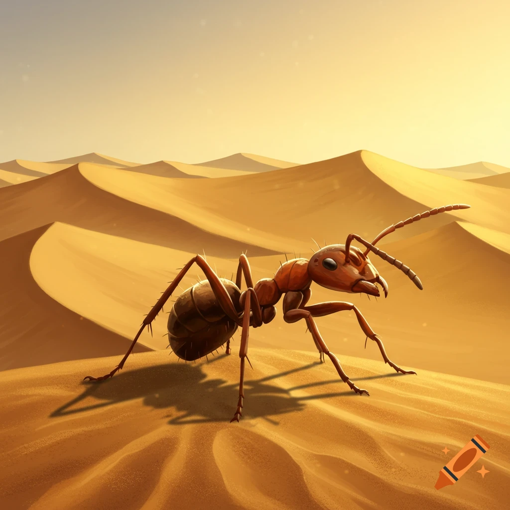 A large ant stands on a sand dune in a desert landscape. on Craiyon