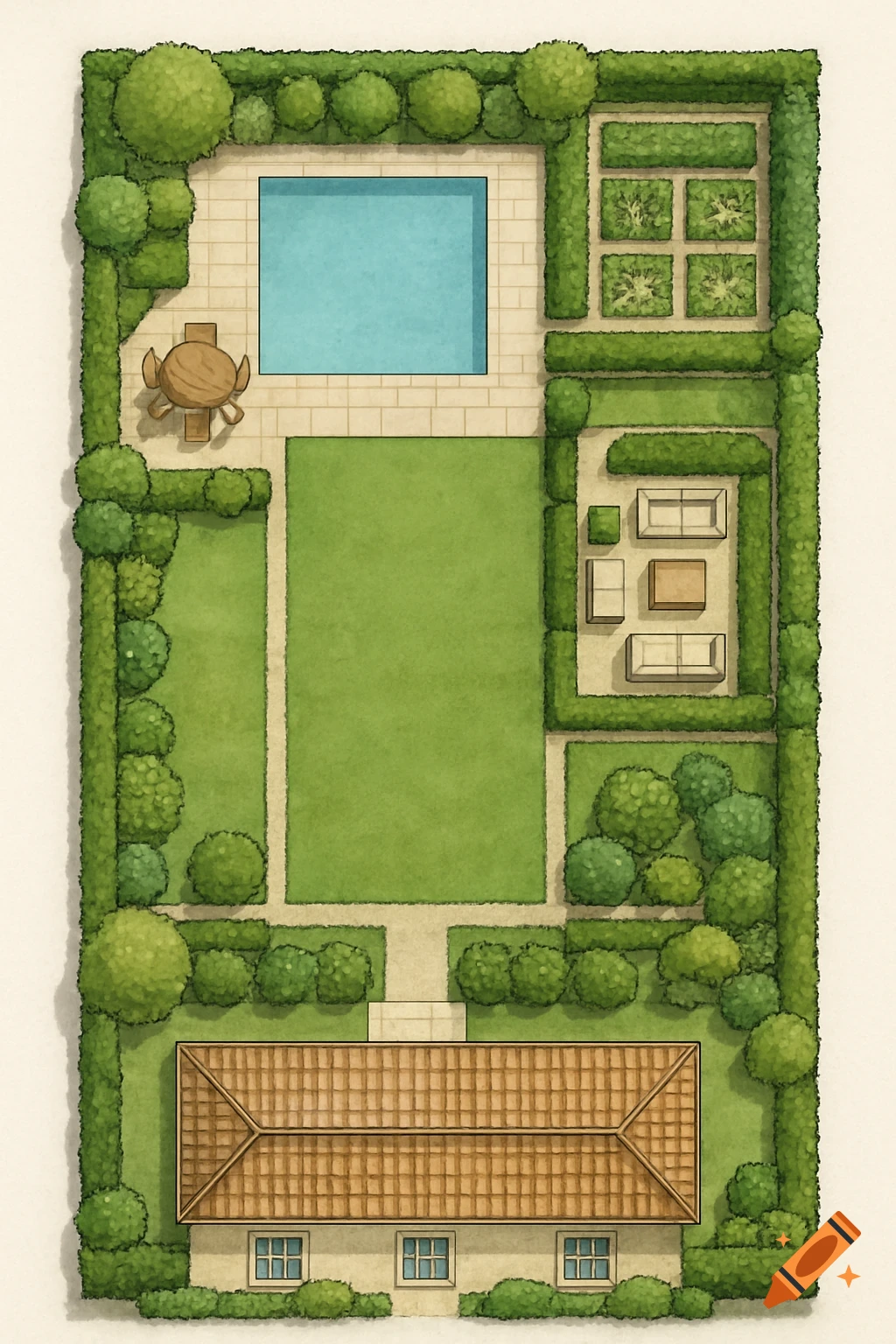 Illustration of a detailed top-down rectangular garden plan. on Craiyon