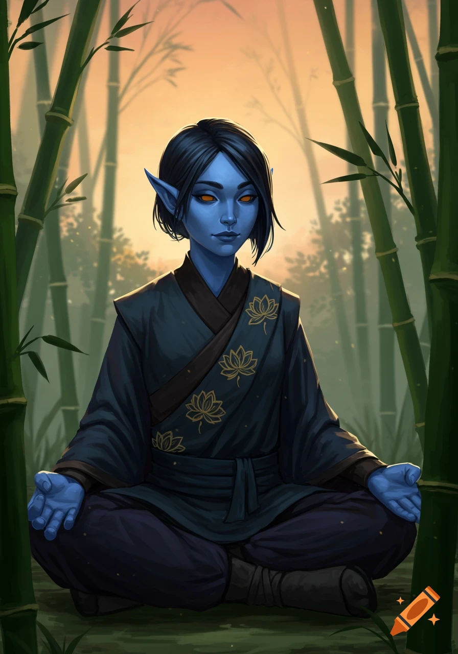 Blue-skinned fantasy character meditating in a bamboo forest. on Craiyon