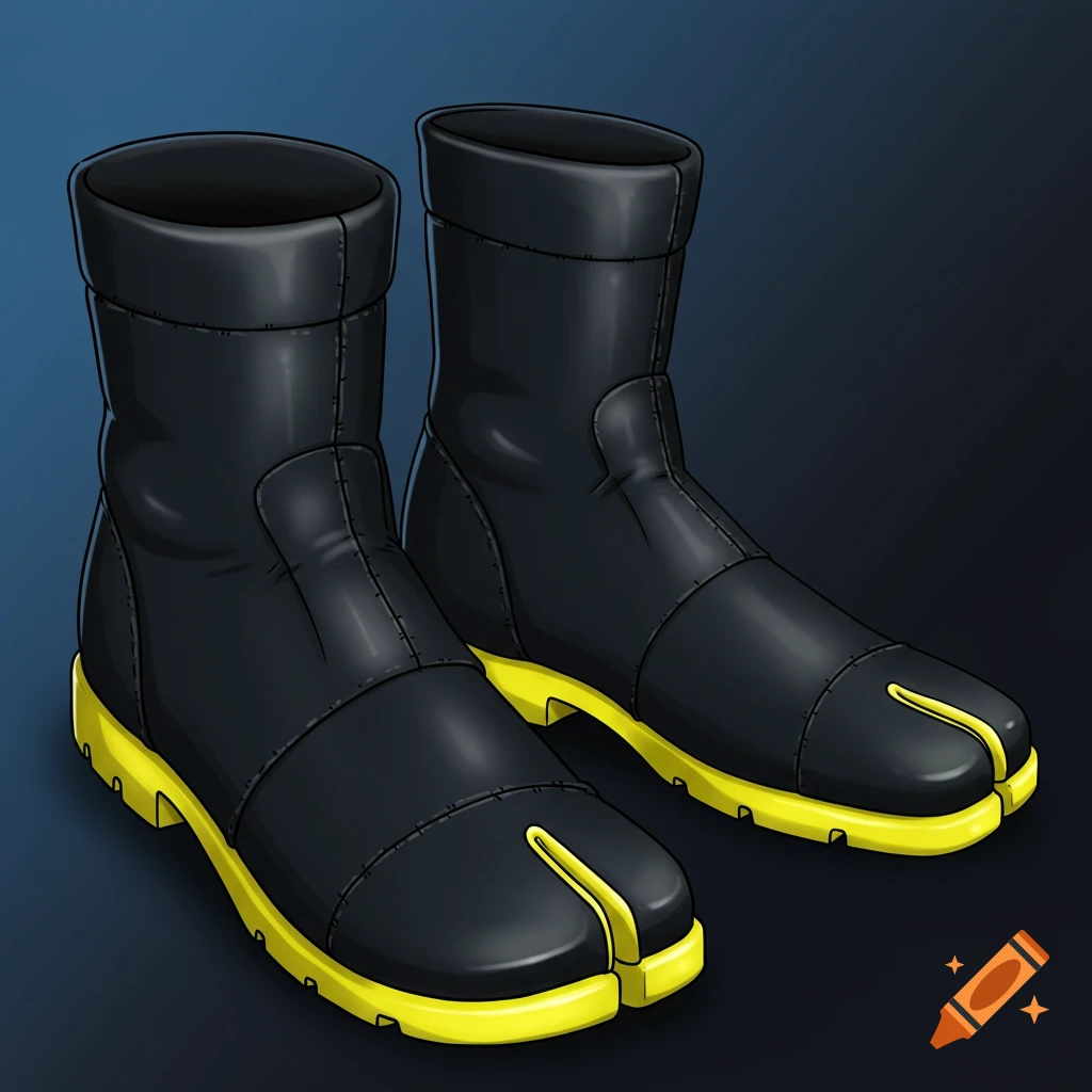 Illustration of black Tabi boots with bright yellow soles. on Craiyon
