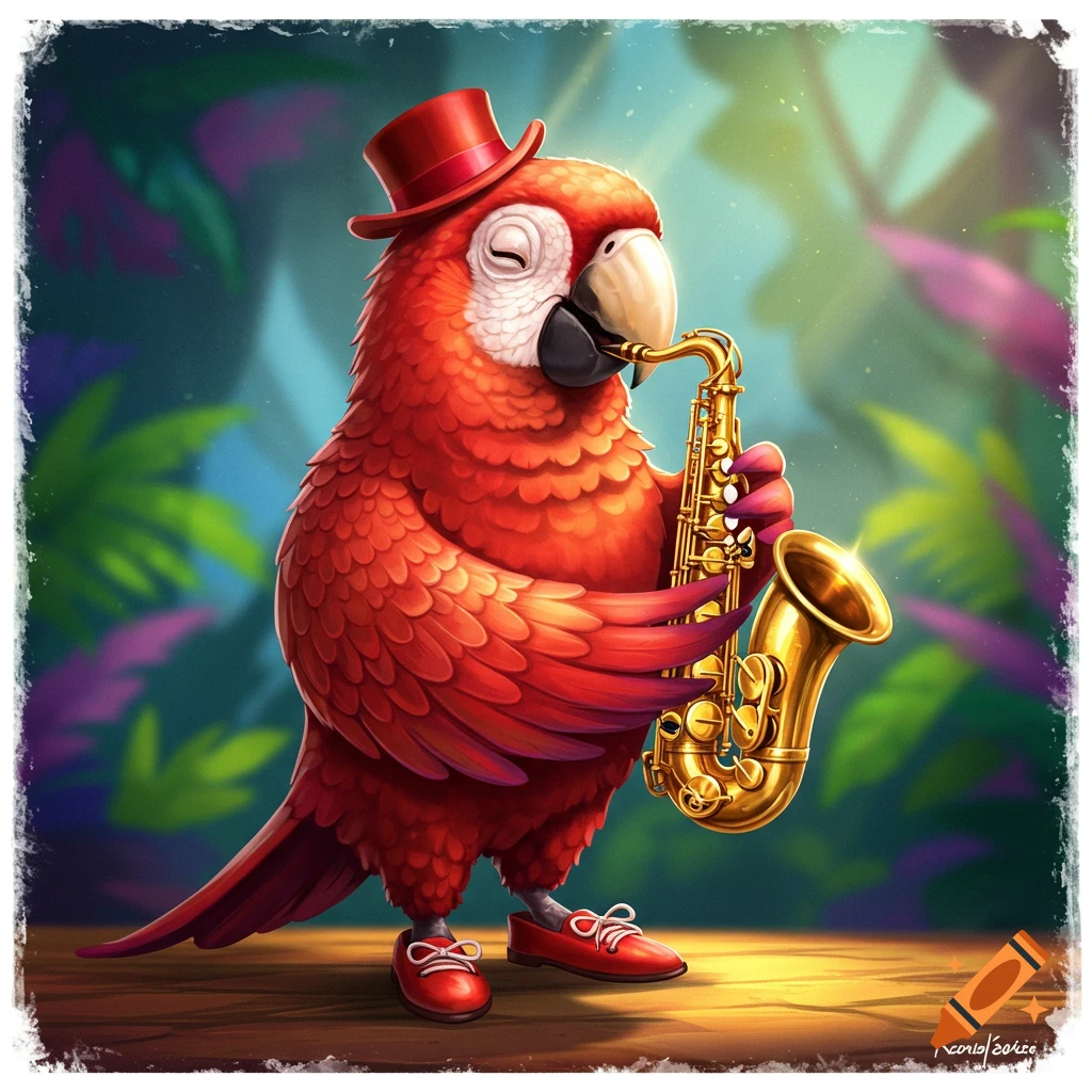 A red cartoon parrot wearing a red hat and red shoes plays a saxophone ...