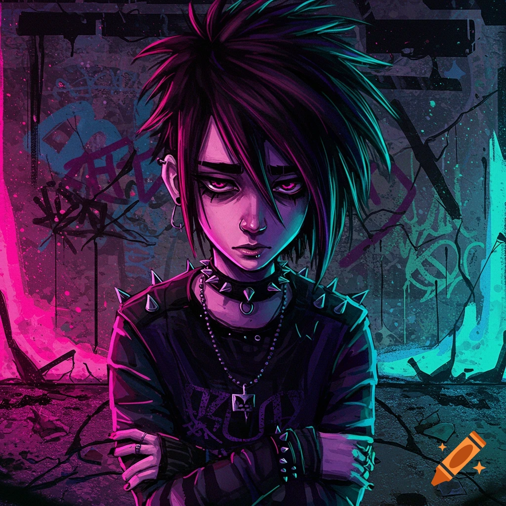 Stylized illustration of an emo person with spiked collar in front of ...