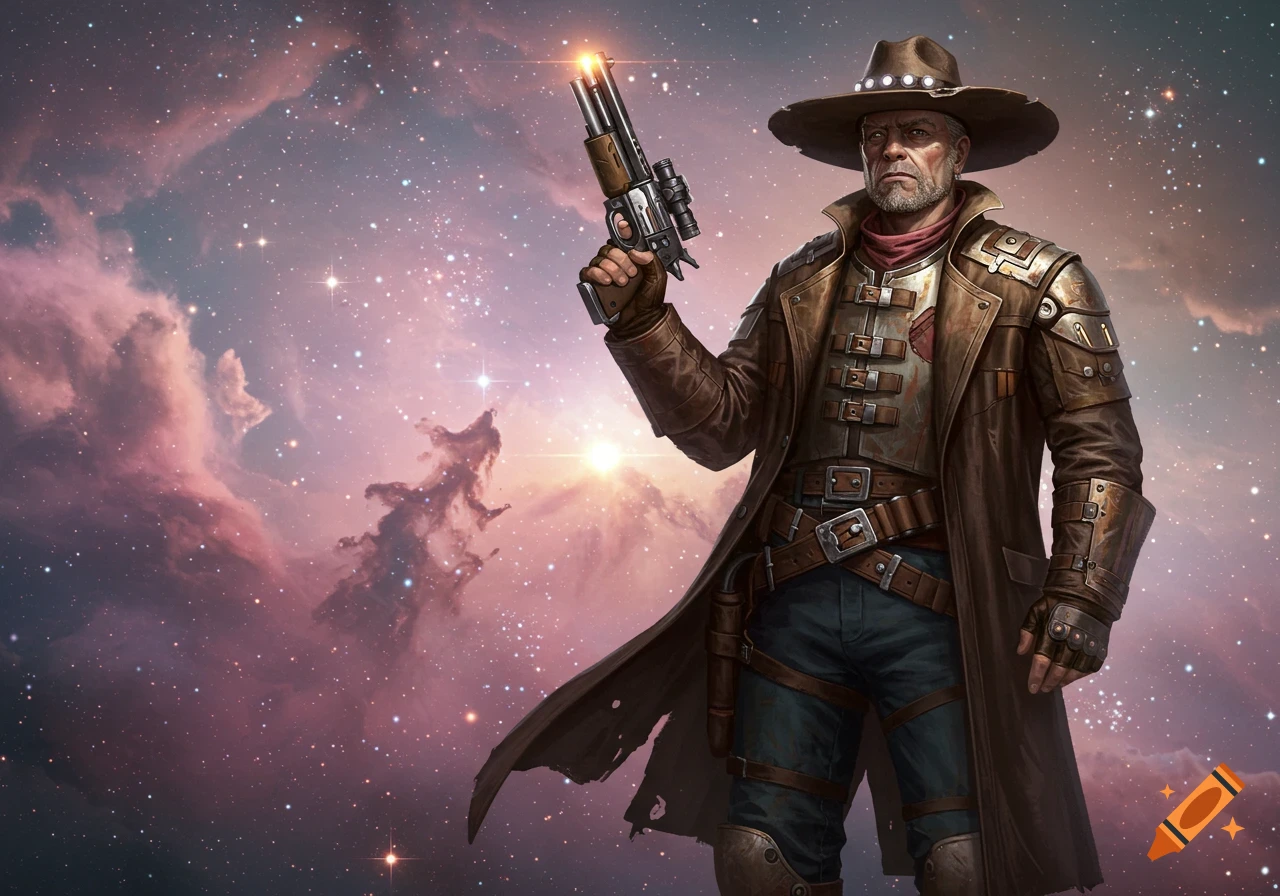 Space cowboy in a duster coat and hat holding a futuristic revolver in ...