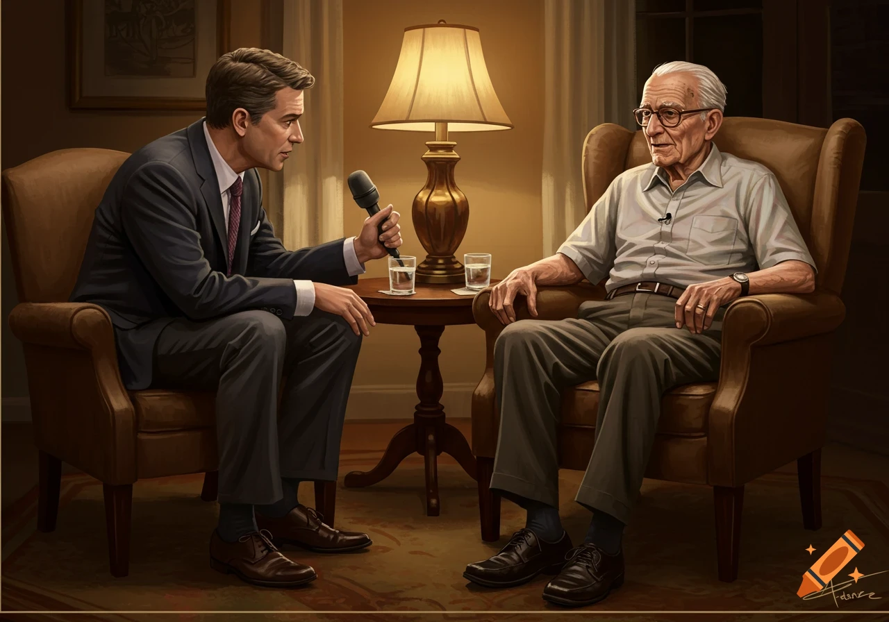 Two men sit in armchairs for an interview. One holds a microphone, the ...