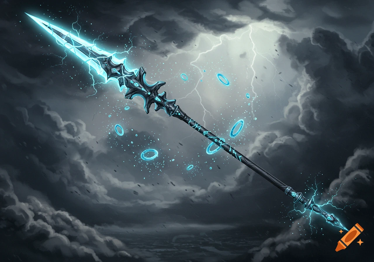 A glowing magical spear crackling with blue lightning and floating rings in a dark storm sky. on ...