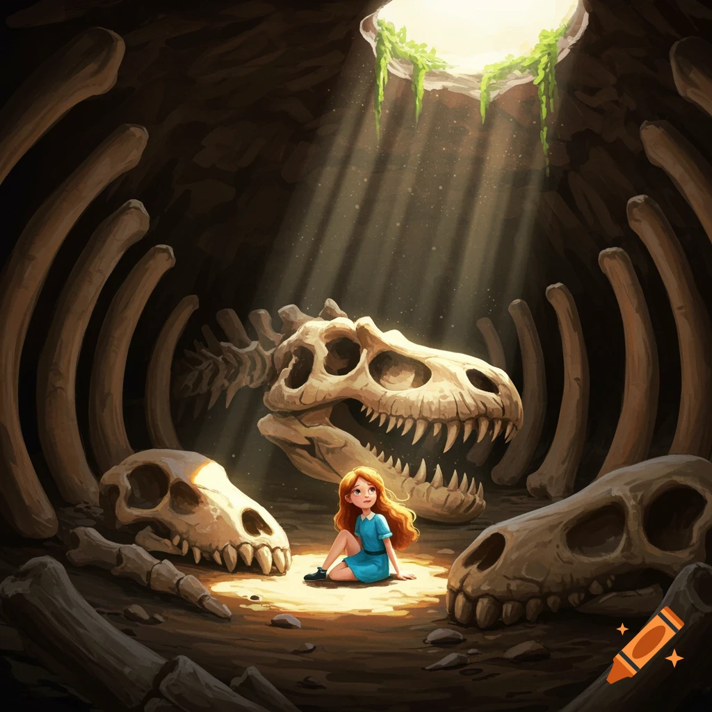 A girl sits among giant dinosaur bones in a dimly lit cave with light ...