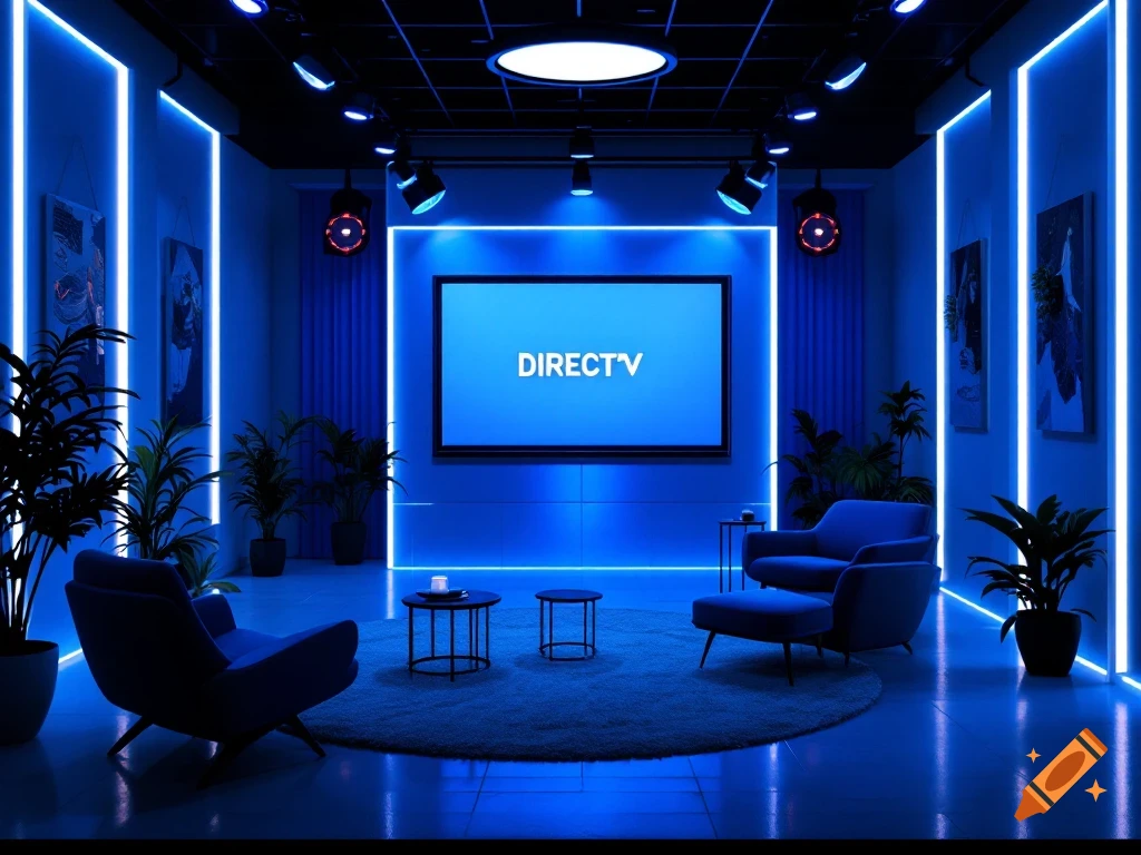 A blue-lit studio room with a screen showing the DIRECTV logo, chairs ...