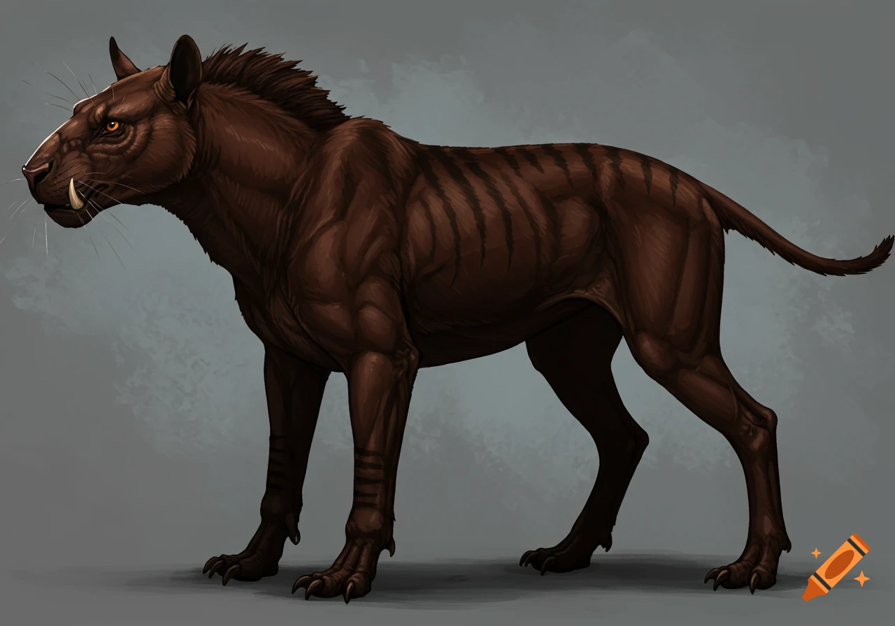 A brown striped fantasy creature with saber teeth stands looking left ...
