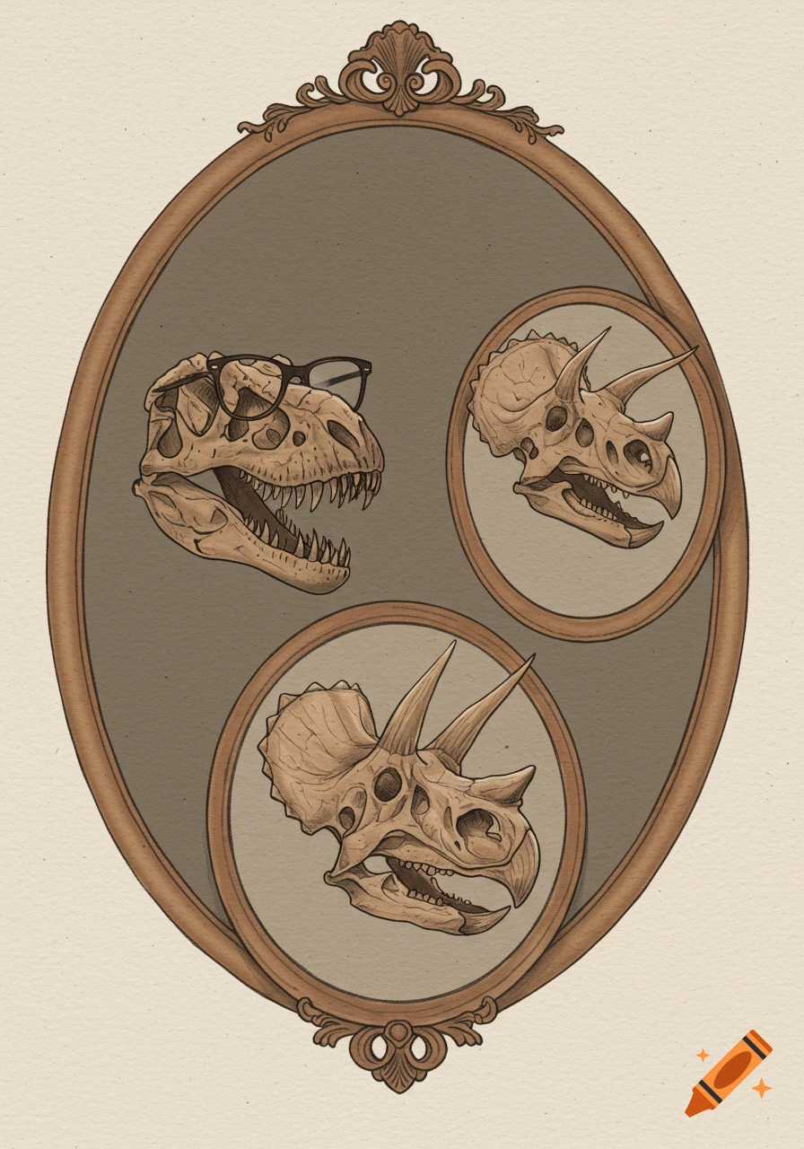 Three framed dinosaur skulls (T-Rex with glasses, two Triceratops) in a ...