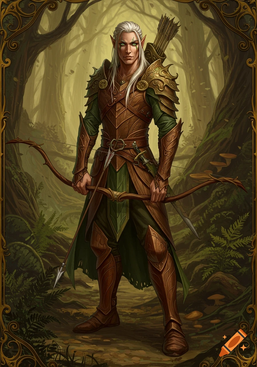 Full portrait of a male wood elf archer in ornate leather armor holding ...