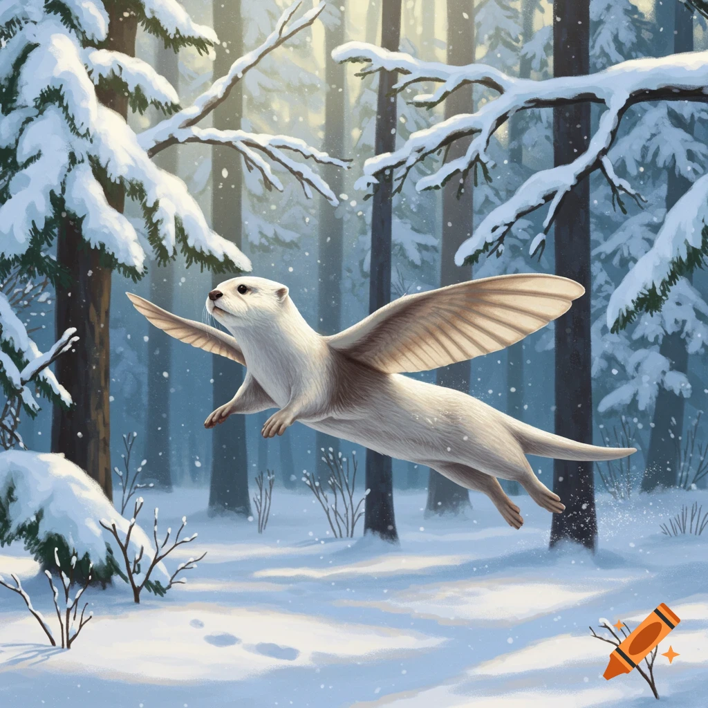 White winged otter flying through a snowy forest illustration. on Craiyon
