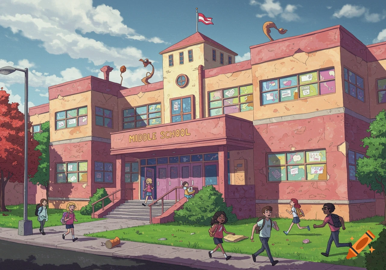 Illustration of a middle school with students outside and strange ...