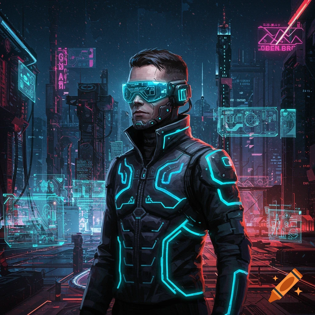 Cyber agent with futuristic visor and glowing suit stands in a detailed ...