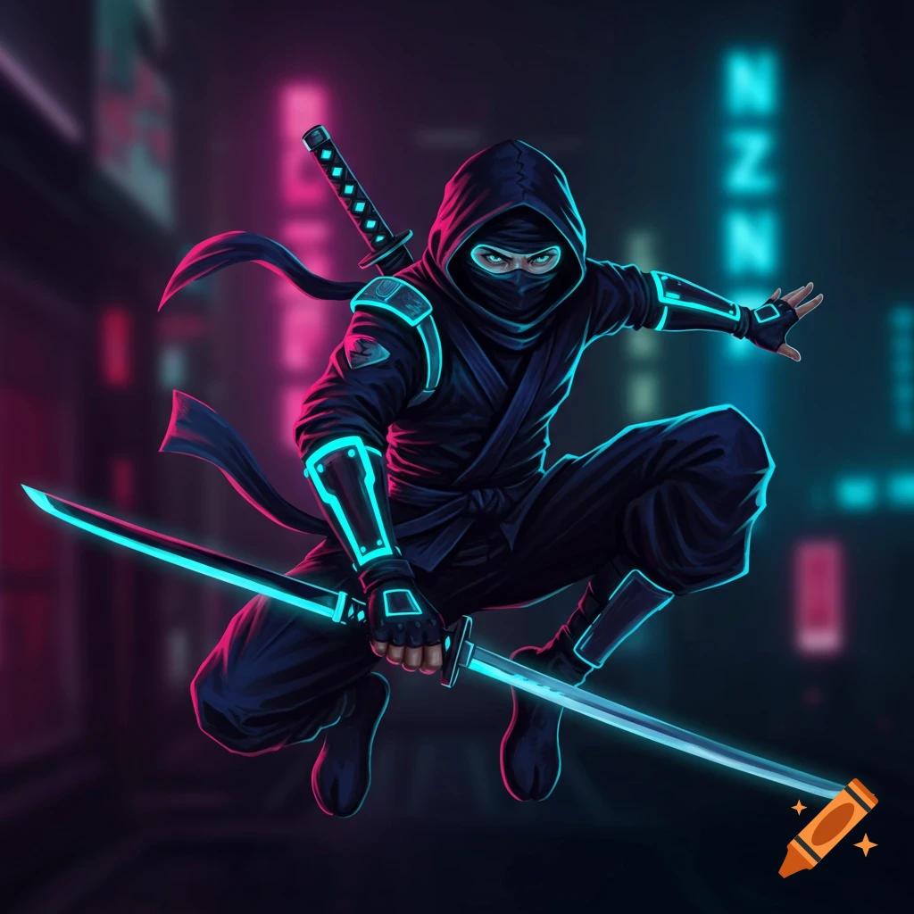 A ninja in black uniform with neon accents crouches in a futuristic ...