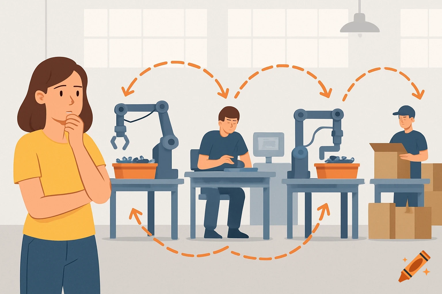 Illustration of a woman observing a factory production line with ...