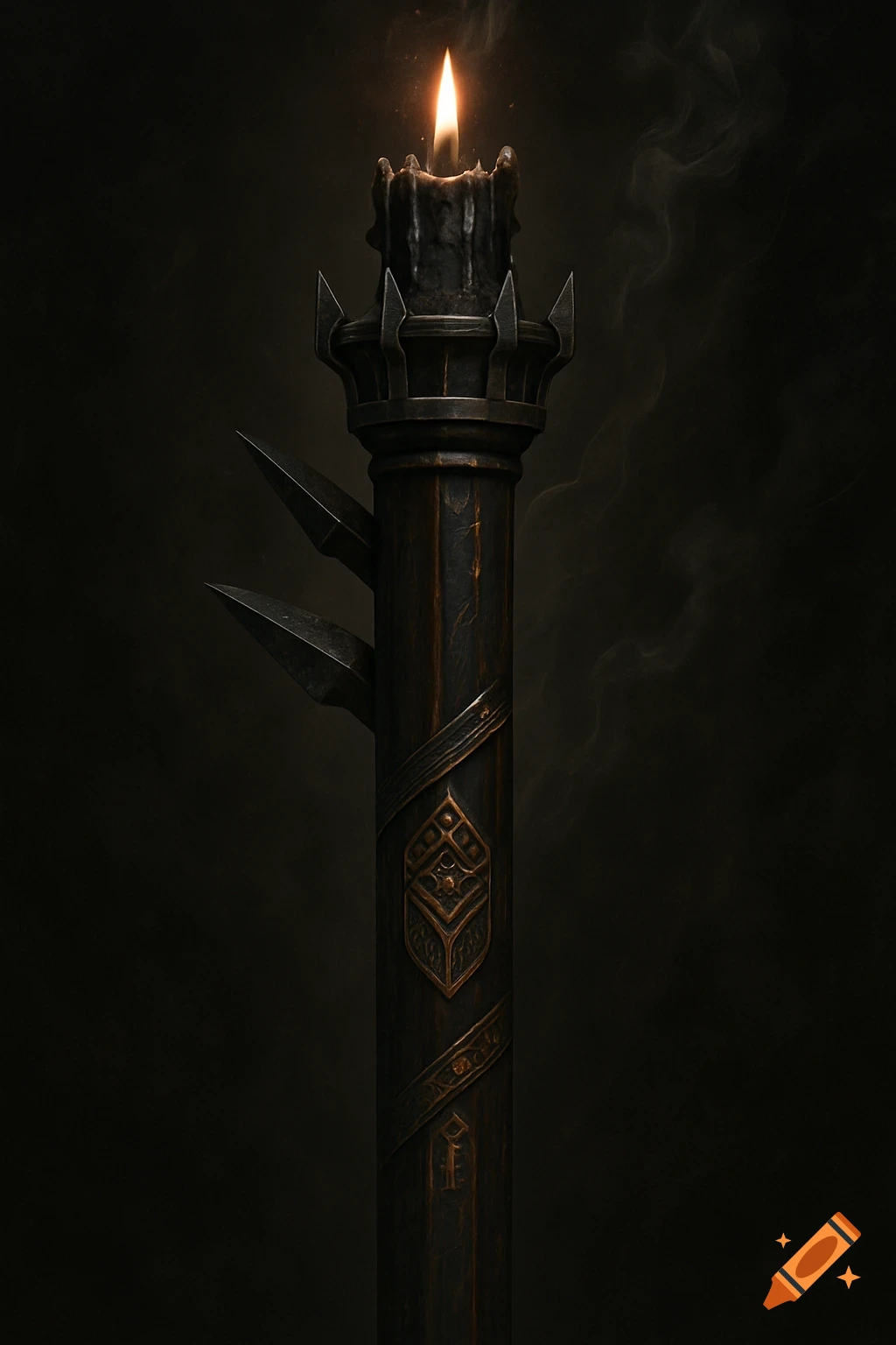 Close-up of a dark fantasy staff with spikes and engraved patterns ...