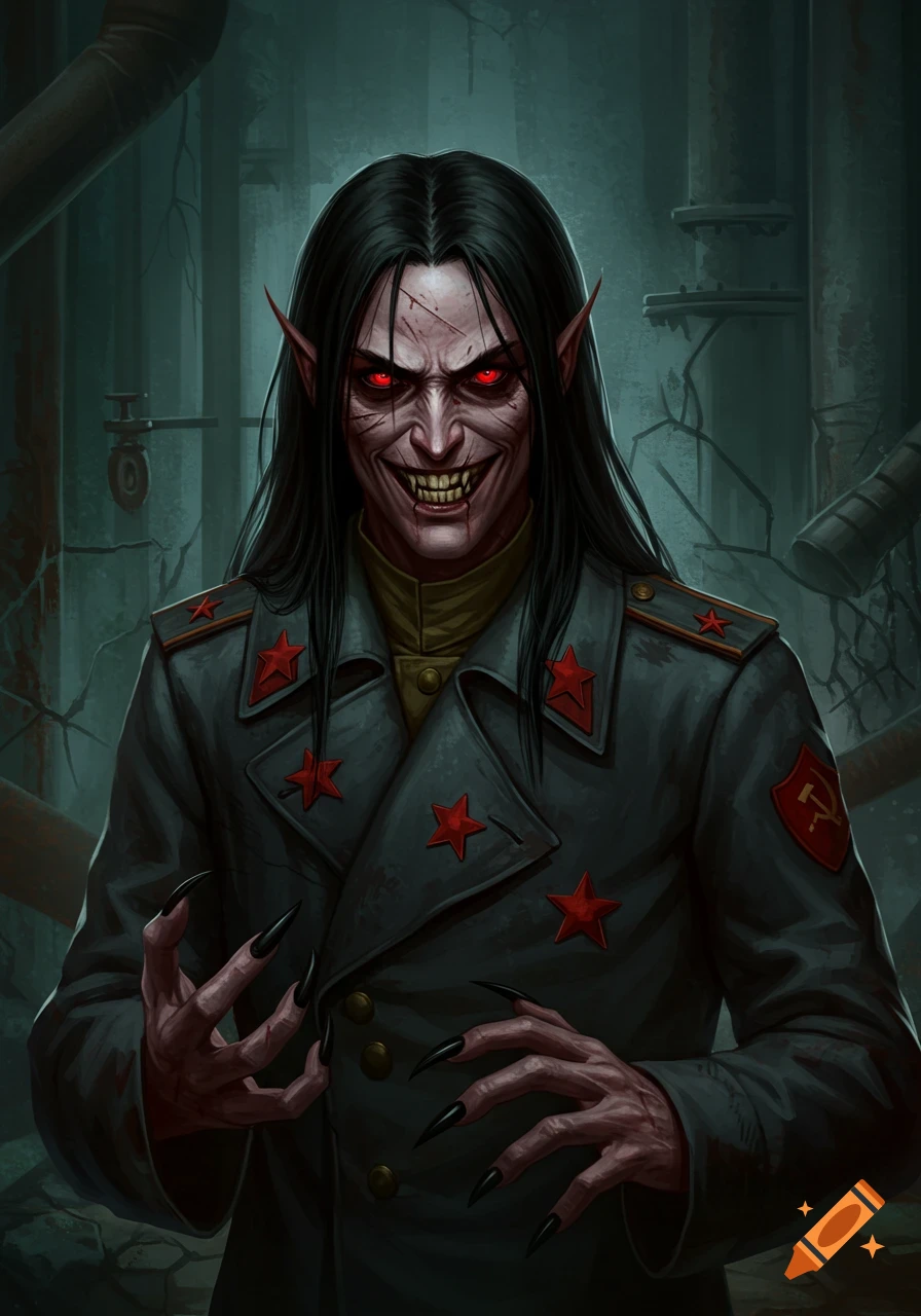 Creepy demon with red eyes, sharp teeth, and claws, wearing a Soviet ...