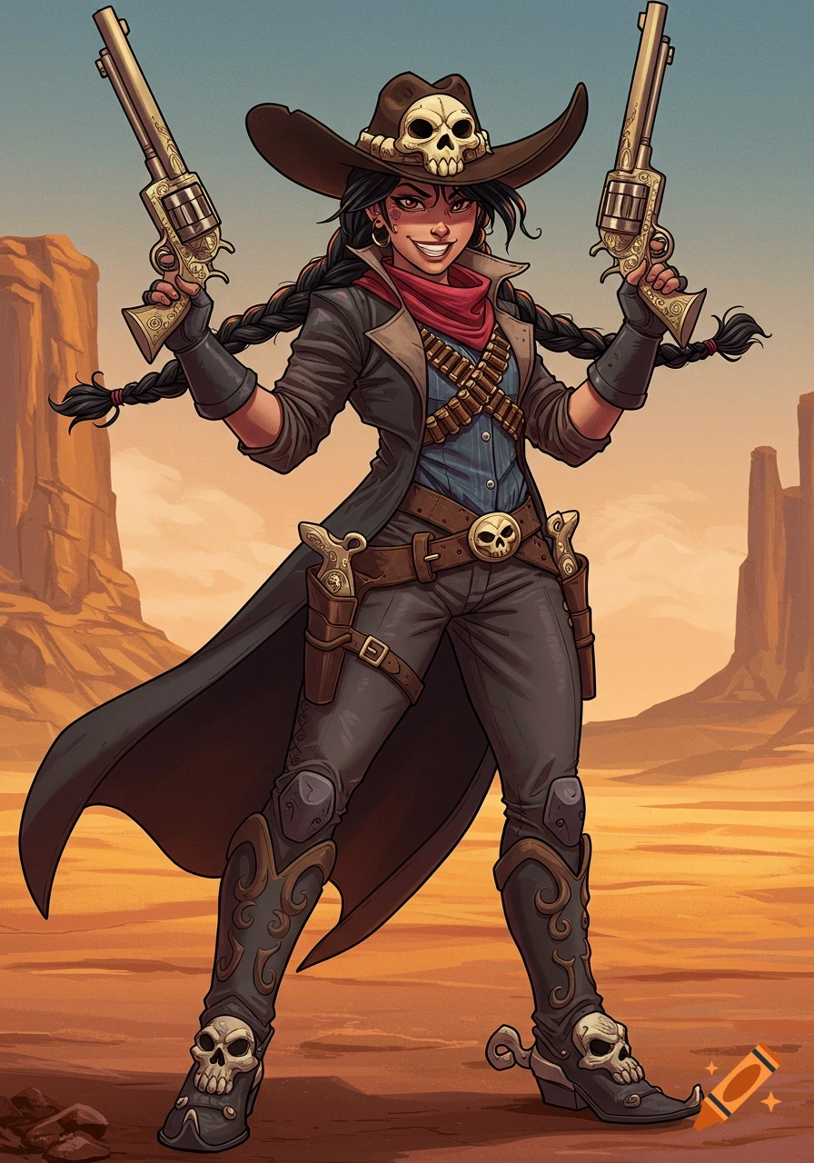 A stylized digital illustration of a female gunslinger holding two ...