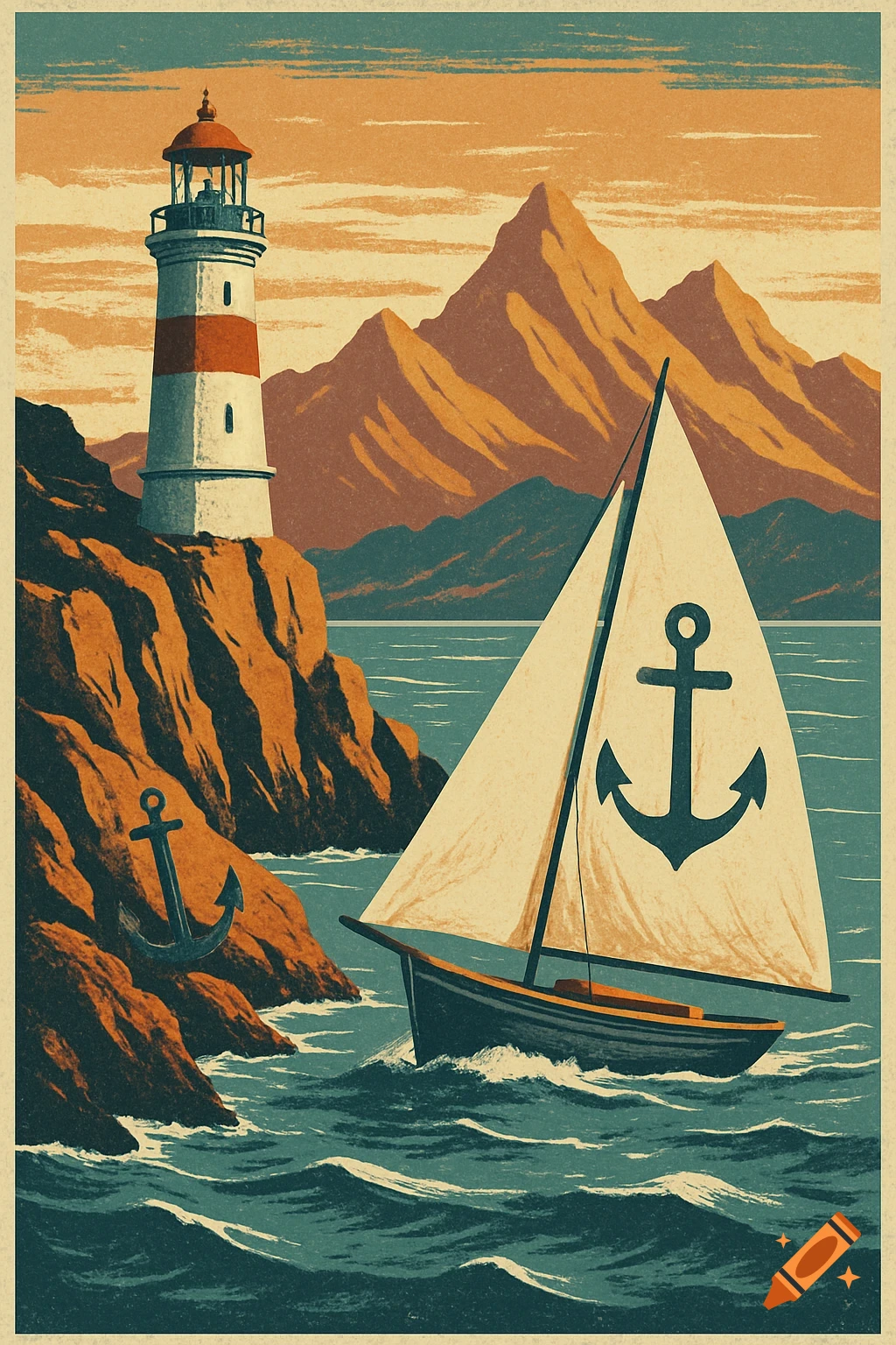 Retro vintage poster of a lighthouse on a rocky cliff overlooking a ...