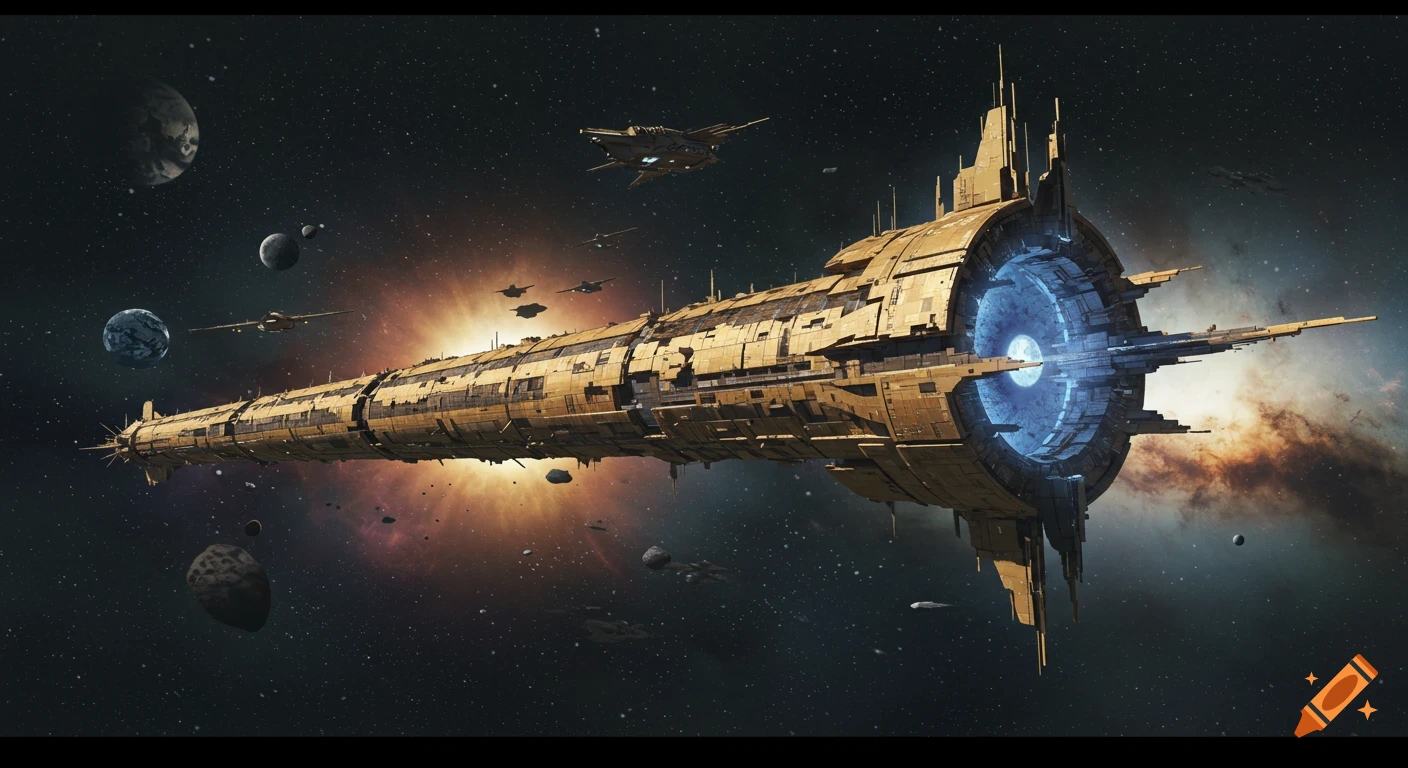 A giant golden spaceship with a blue core drifts through space near ...
