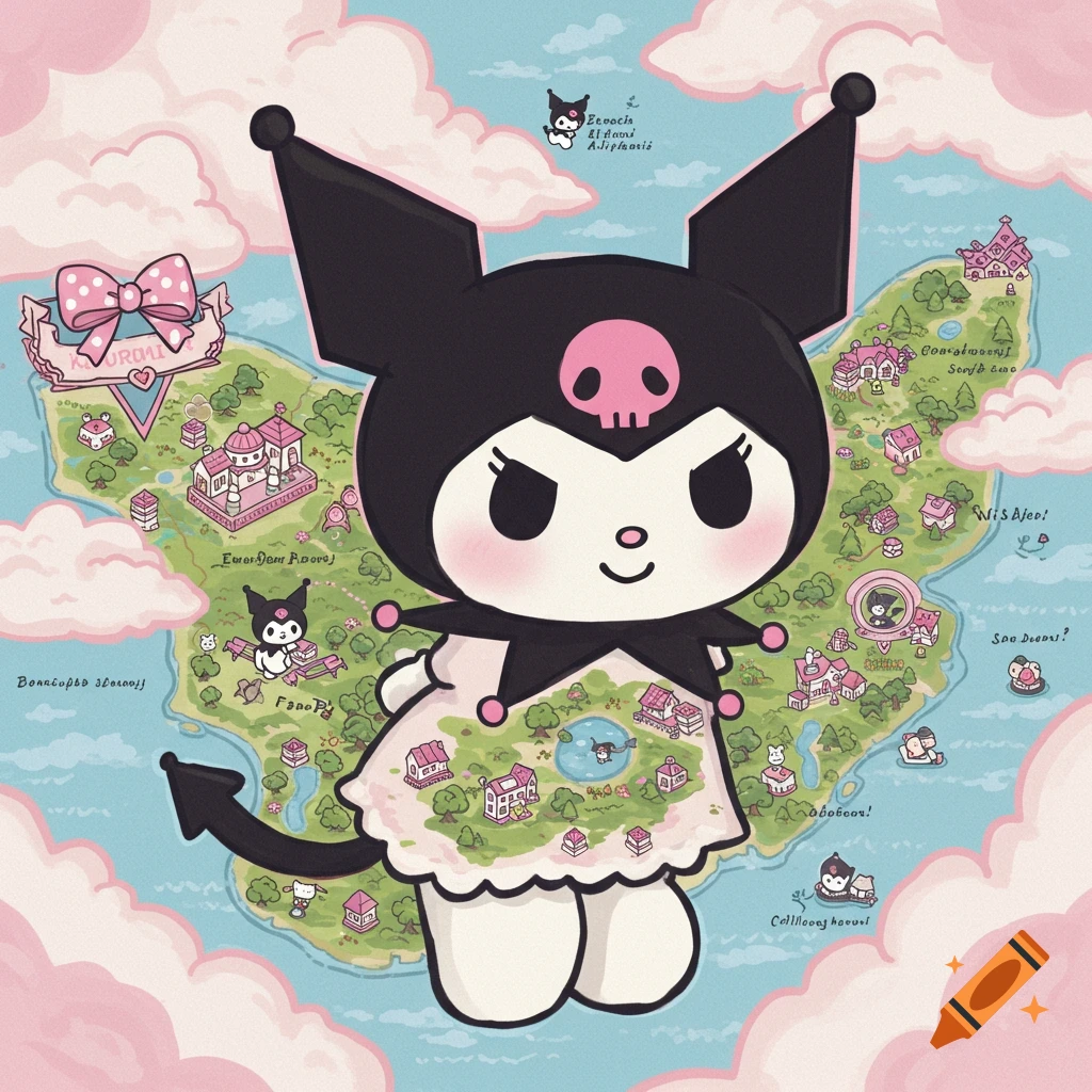 A cartoon map shaped like Kuromi floating in the sky, featuring ...