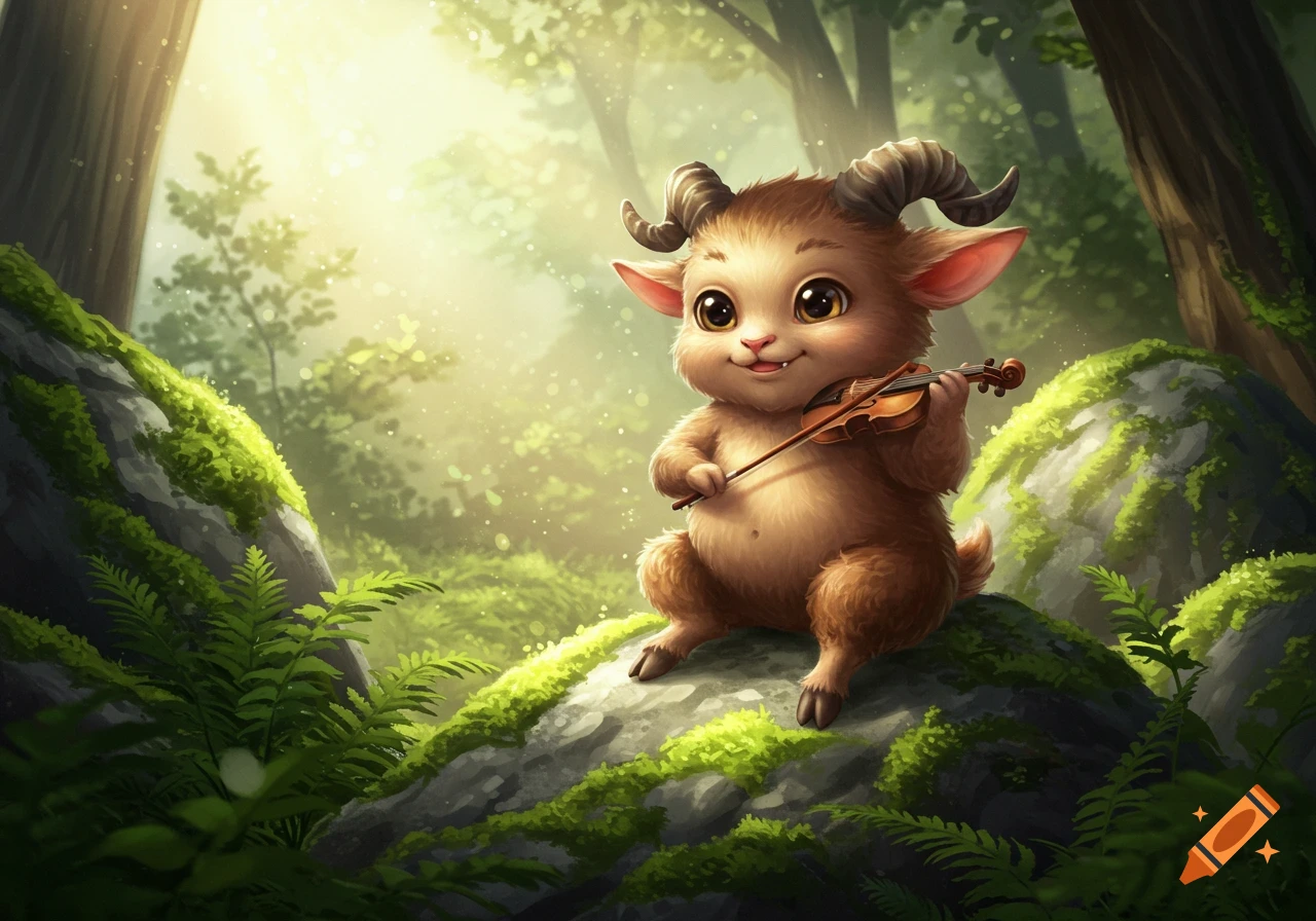 A cute fantasy creature playing a violin in a sunny forest glade. on ...
