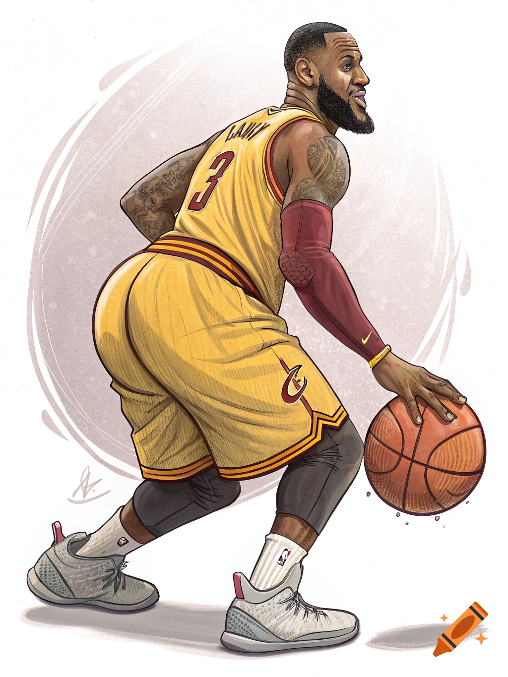 Cartoon illustration of LeBron James dribbling a basketball, seen from ...