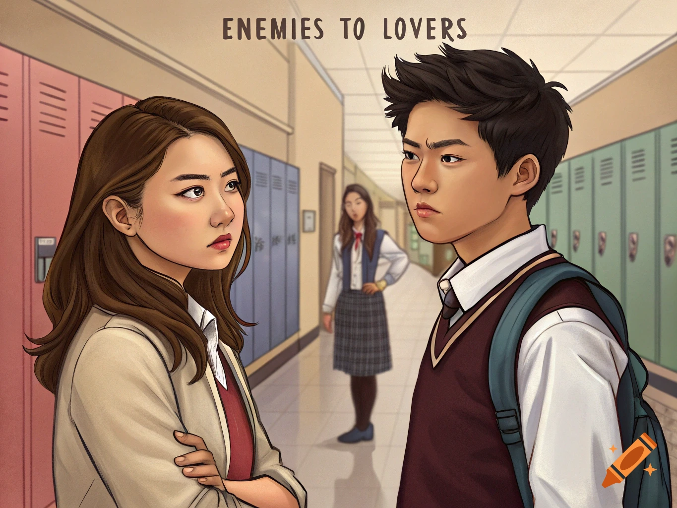 Two students look at each other in a school hallway under 'ENEMIES TO ...